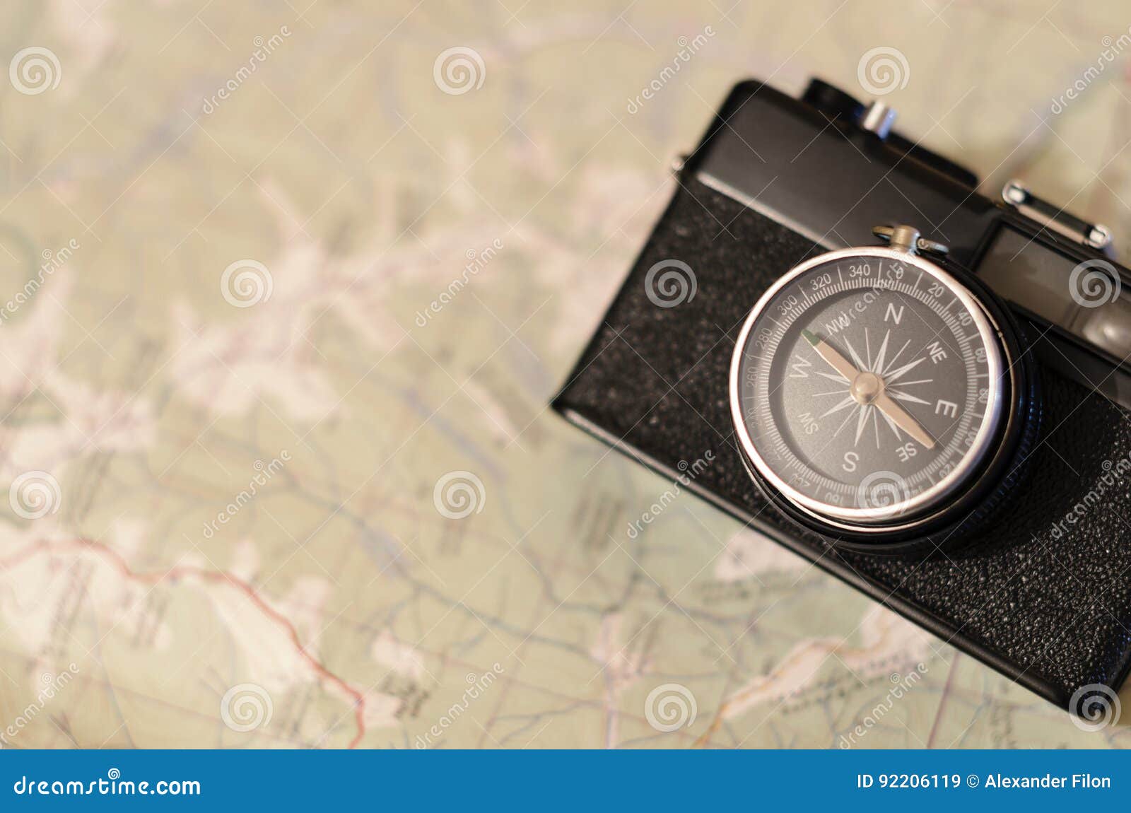 Camera compass at the map stock image. Image of bokeh - 92206119