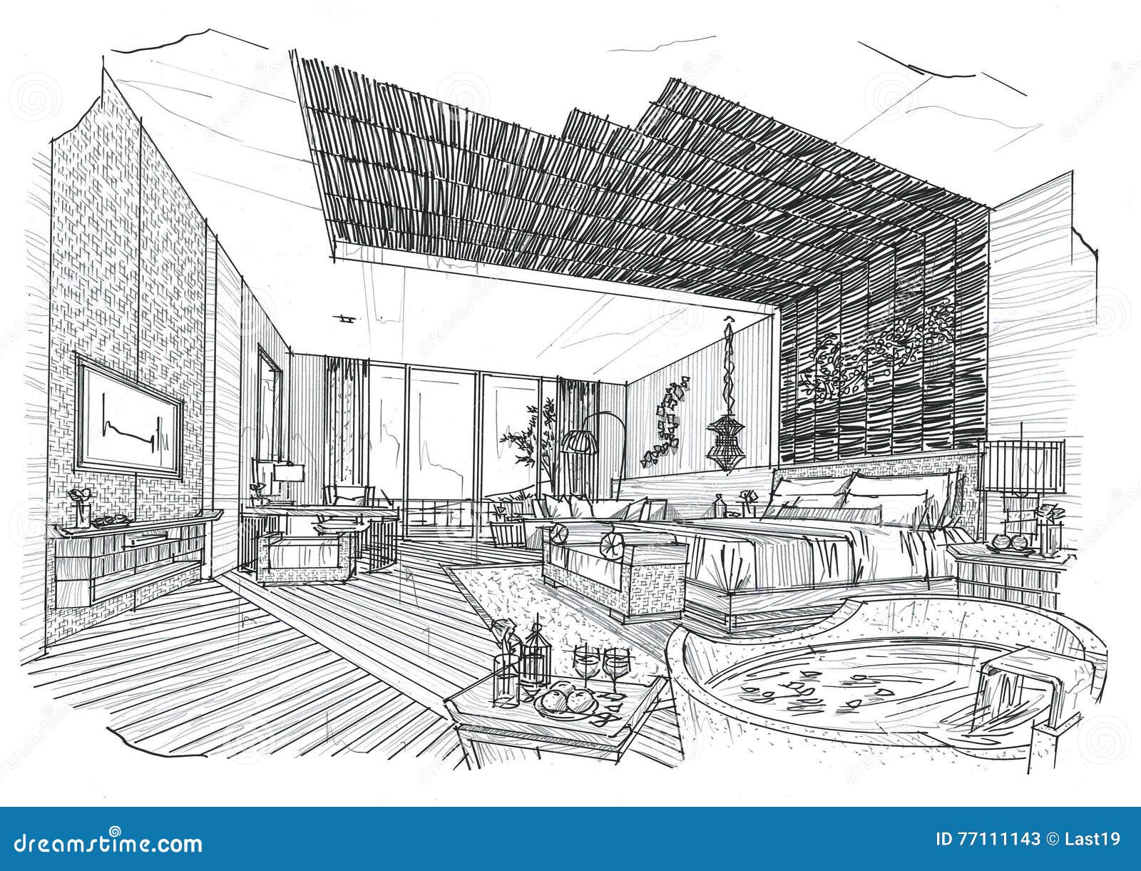 Camera Da Letto Interna Di Prospettiva Di Schizzo, Interior Design in ...