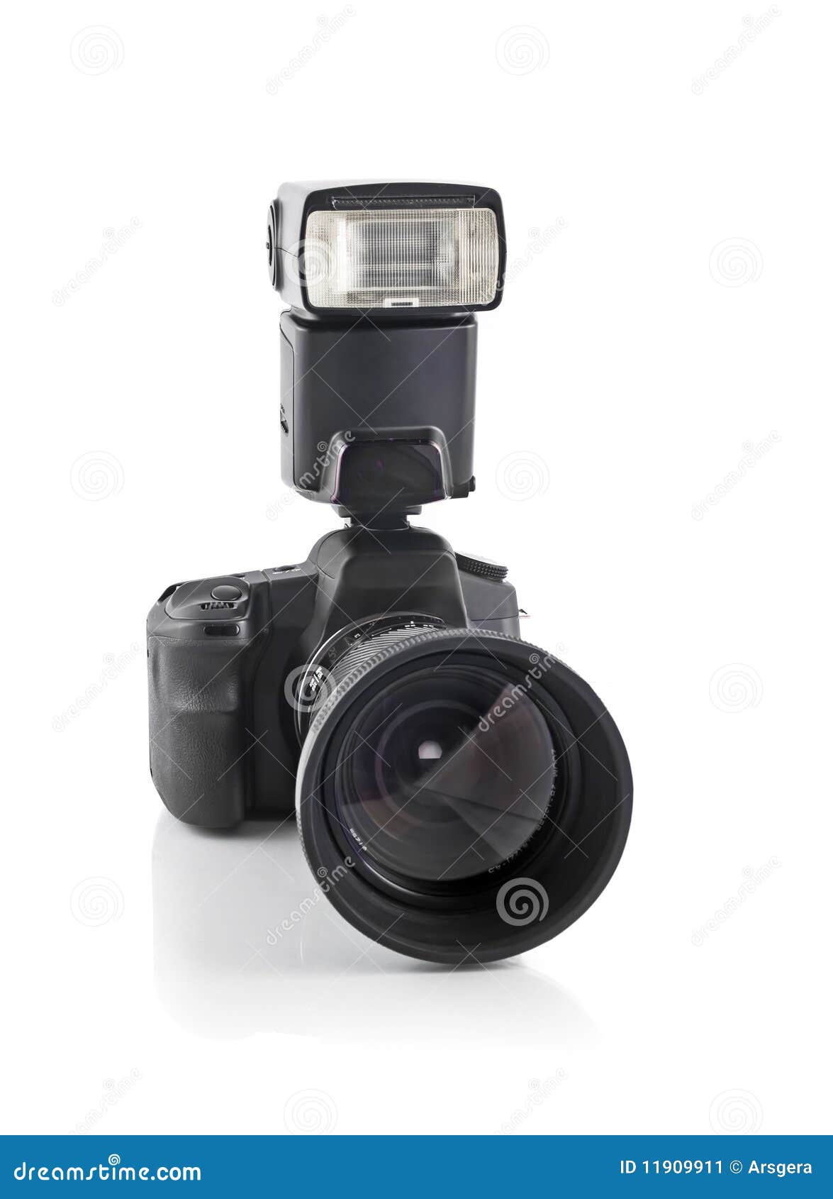 Camera DSLR Met Telelens En Flits Stock Afbeelding - Image of fotograaf ...