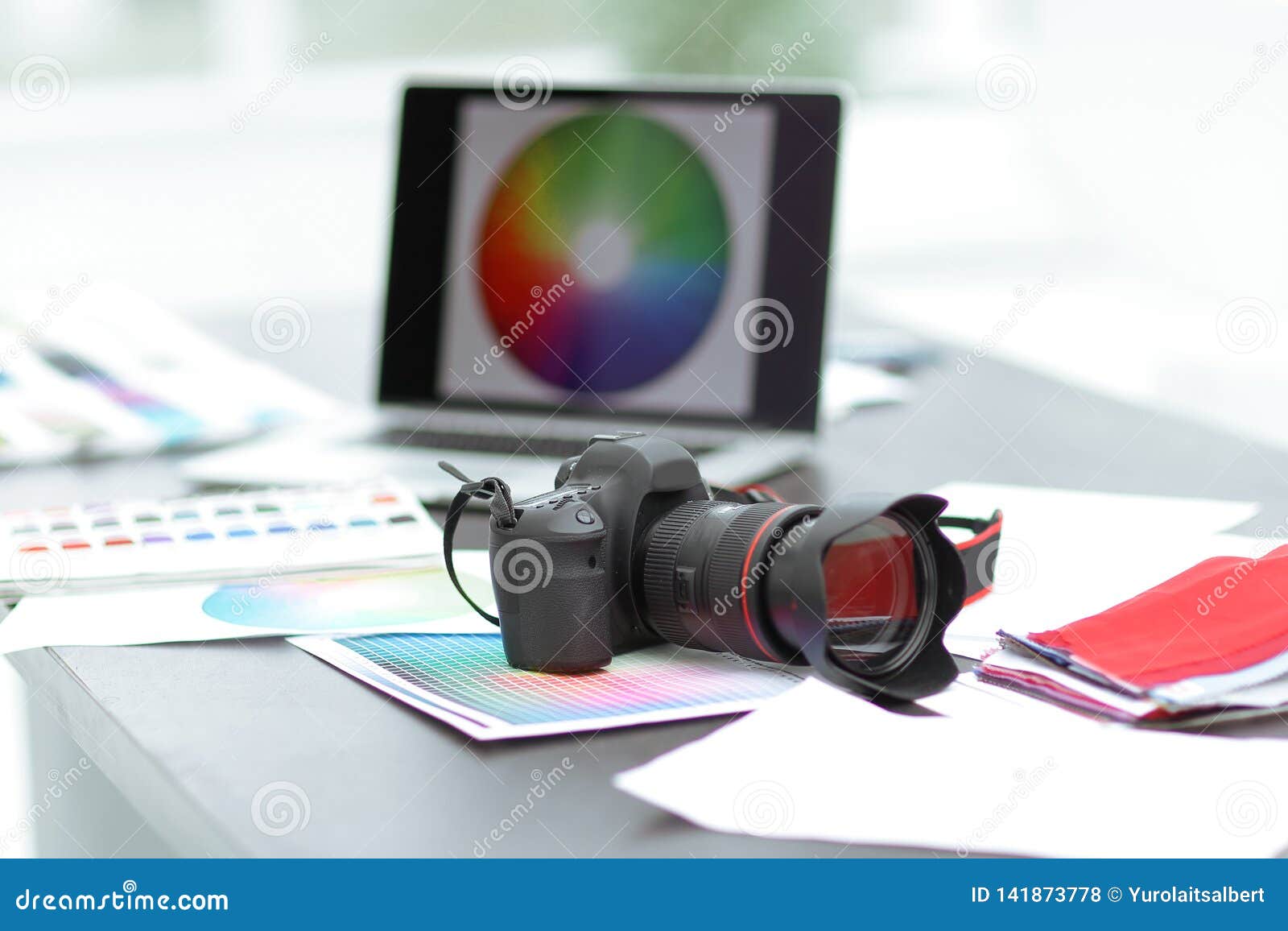 Camera,fabric Samples and Sketches are on the Desktop Stock Photo ...