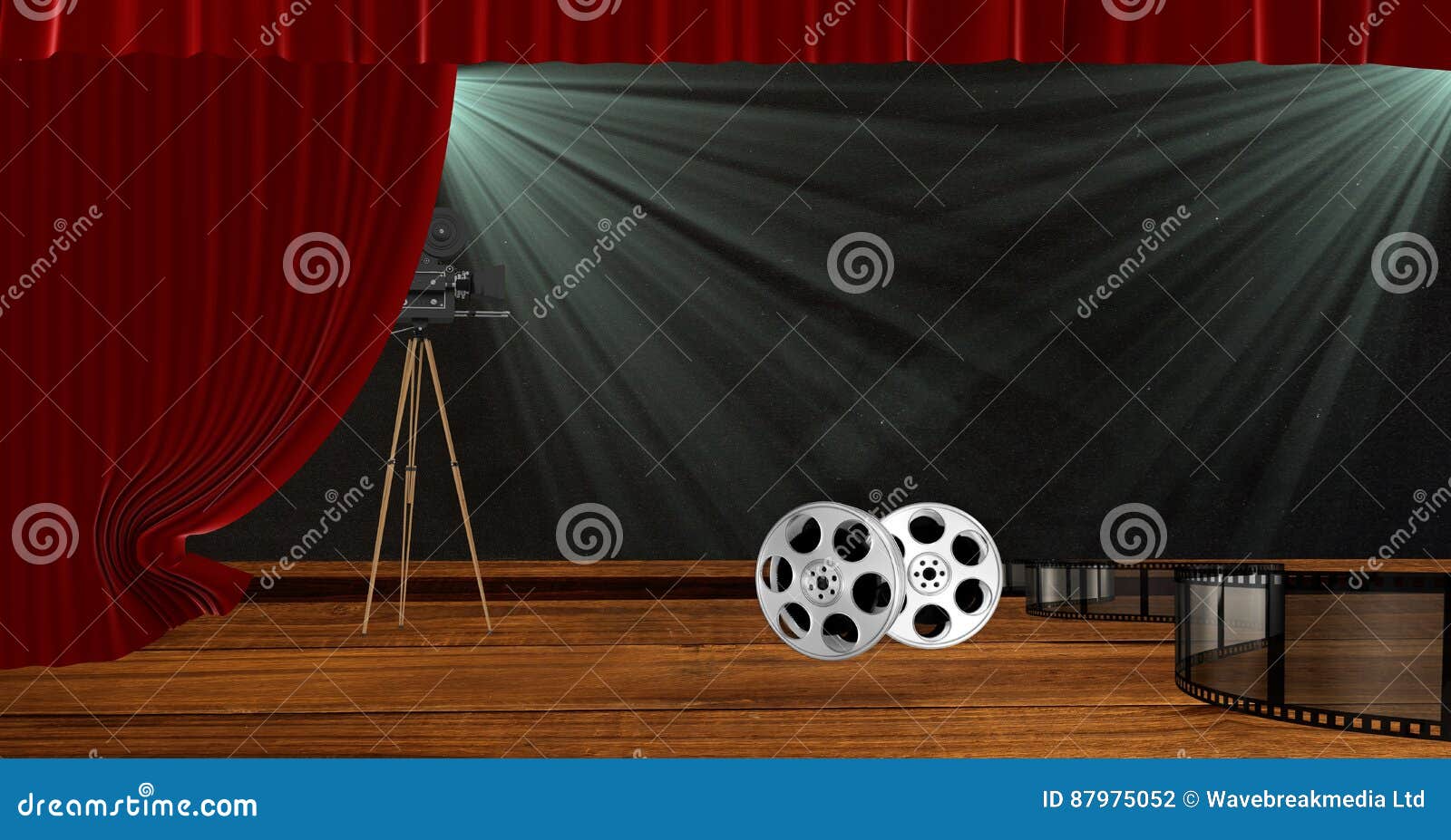 Camera with Film Reels on Stage with Red Drape Curtains Stock Photo ...
