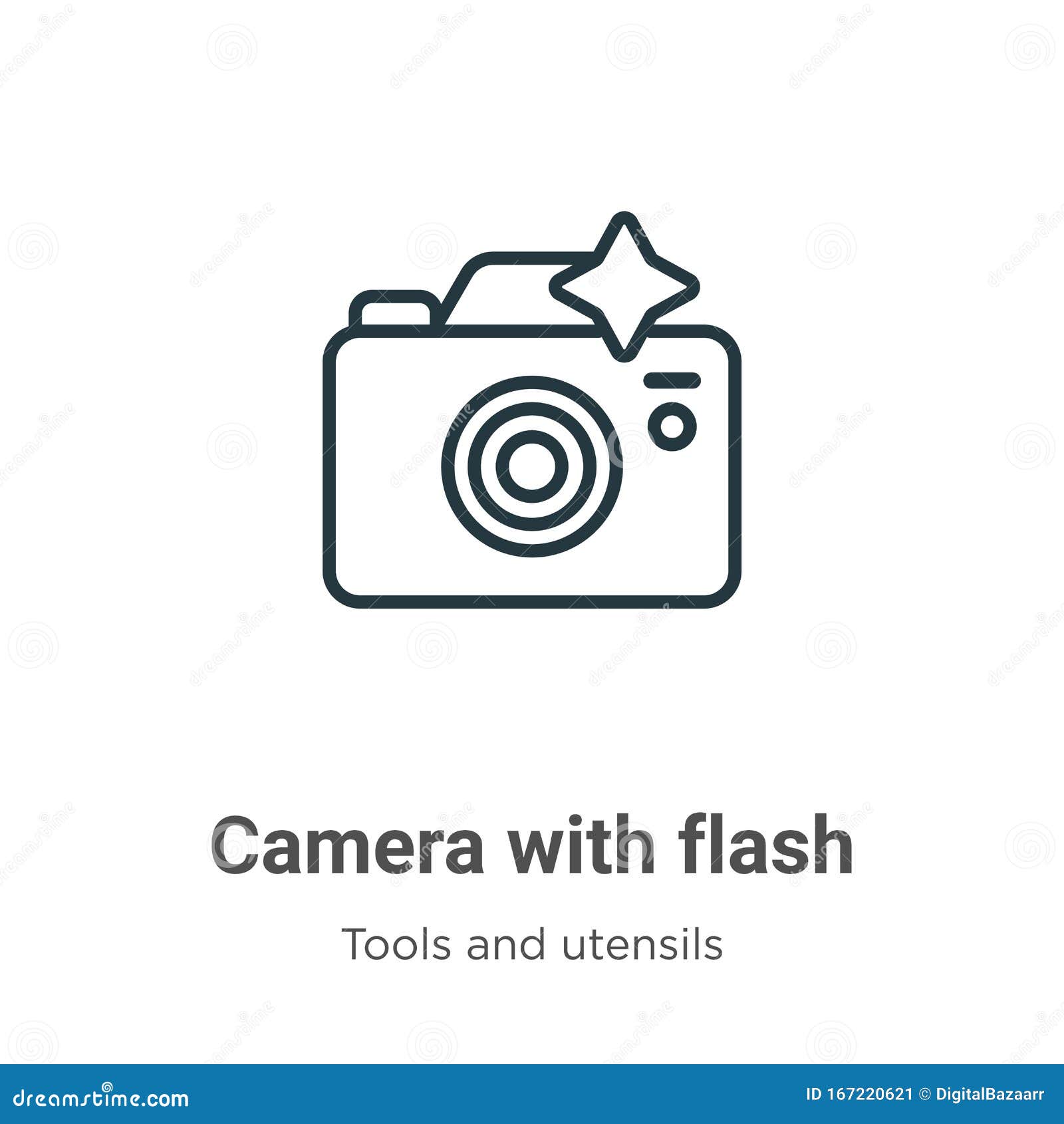 Camera with Flash Outline Vector Icon. Thin Line Black Camera with ...
