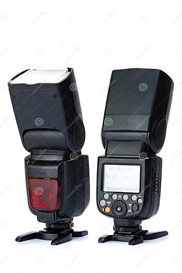 Camera Flash Speedlight Isolated on White Background Front and Back ...