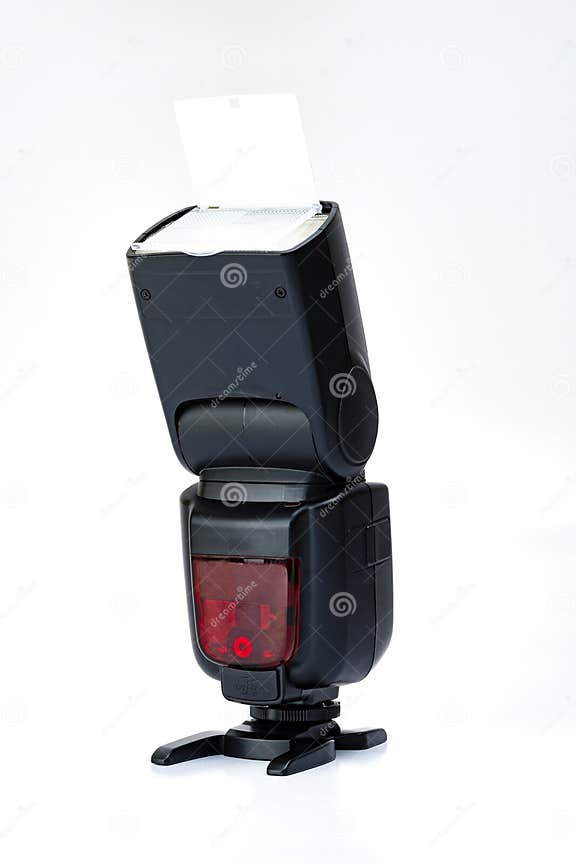 Camera Flash Speedlight Isolated on White Background Front View Stock ...