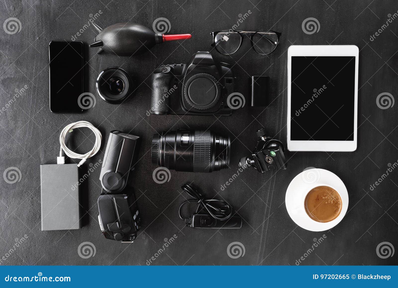 Camera Gear Set on Dark Background Stock Image - Image of black, mini ...