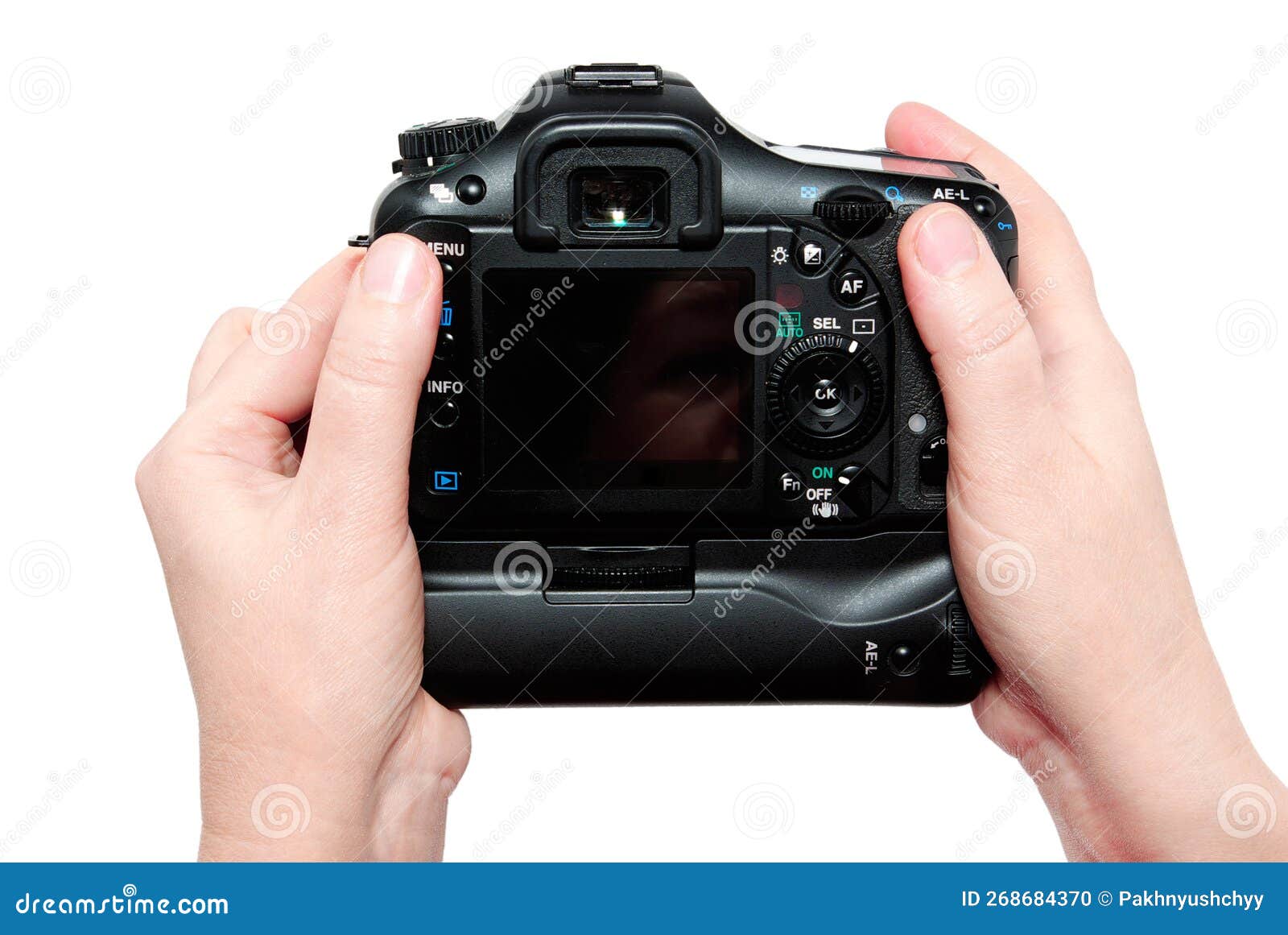 Camera in hand stock photo. Image of isolated, camera - 268684370