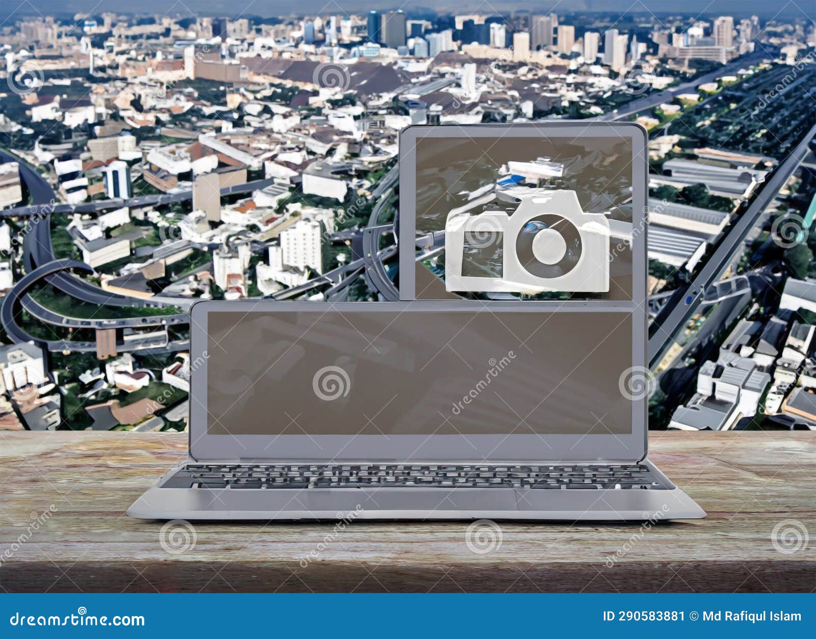 Camera Icon with Modern Laptop Computer on Wooden Table. Generative AI ...