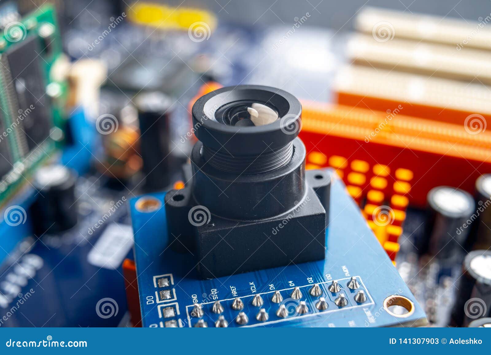 Camera with Lens on Electronic Integrated Circuit Board. Concept of ...
