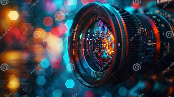 A Camera Lens with a Red and Blue Background. Stock Illustration ...