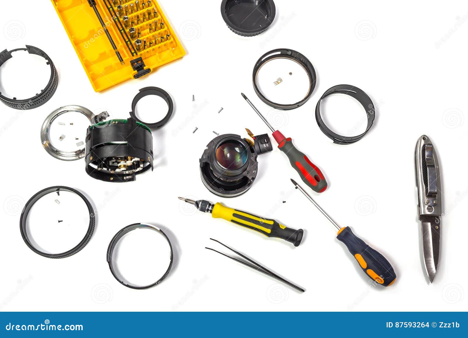 Camera Lens Repair Flat Lay View on White Background Stock Photo ...