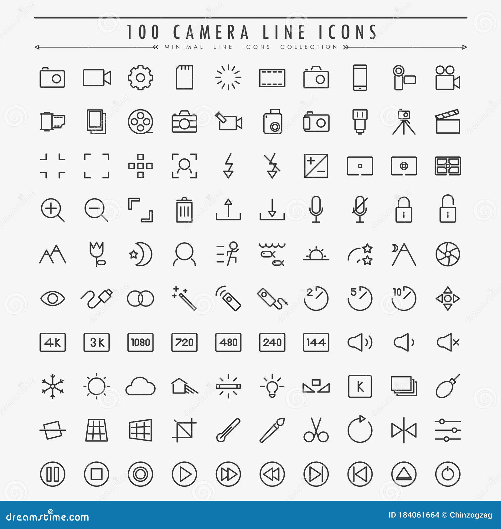 100 Camera Minimal Line Icons Stock Vector - Illustration of linear ...