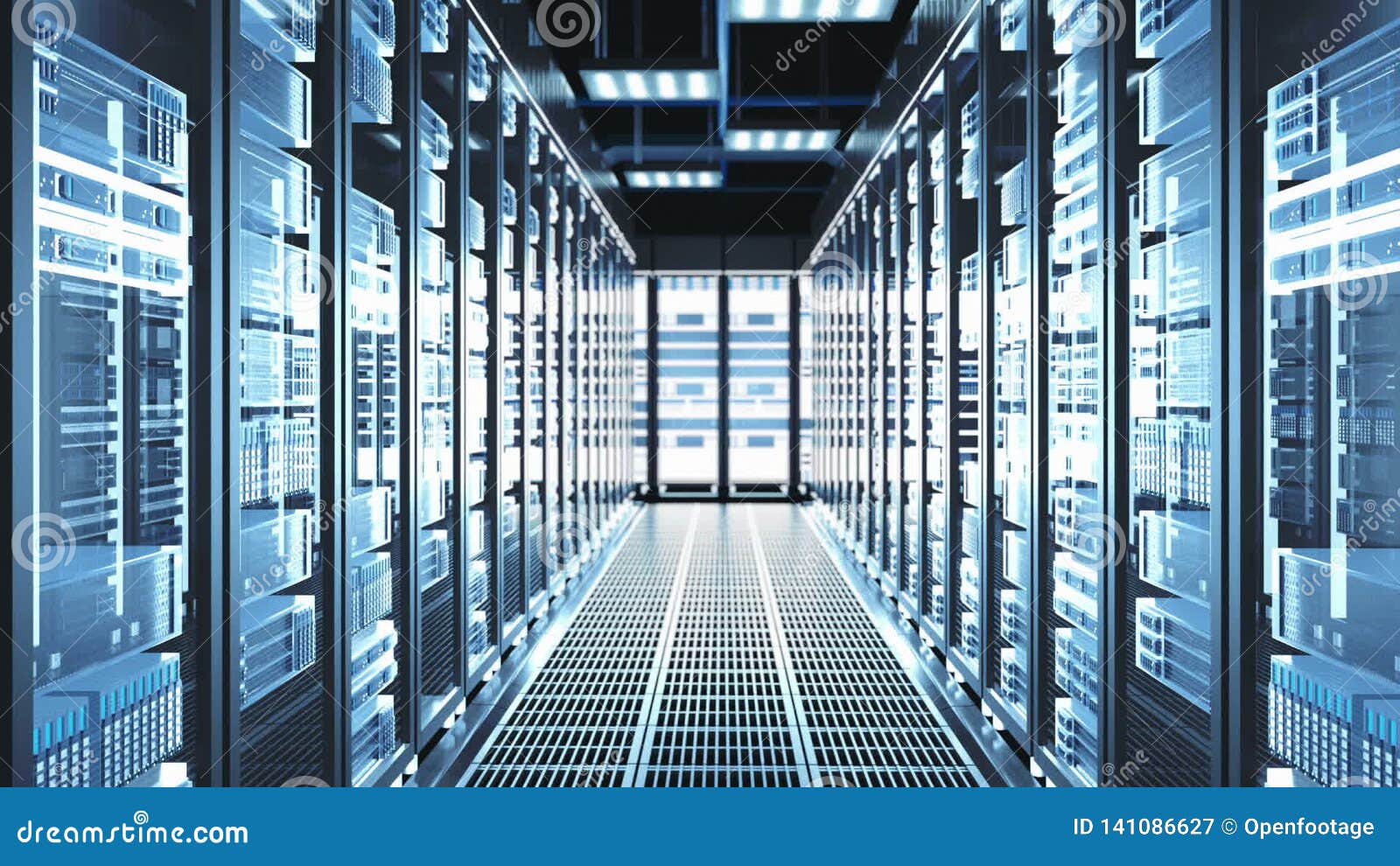 Camera Moves through Big Working Data Center with Server Racks and ...