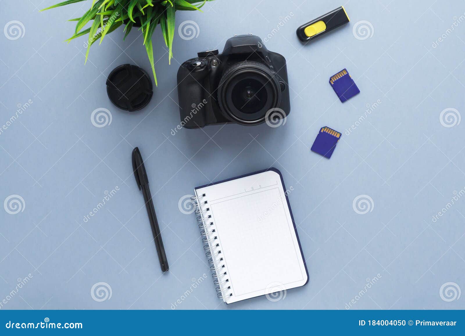 Camera, Notebook, Pen, Memory Cards on a Blue Background, the Concept ...