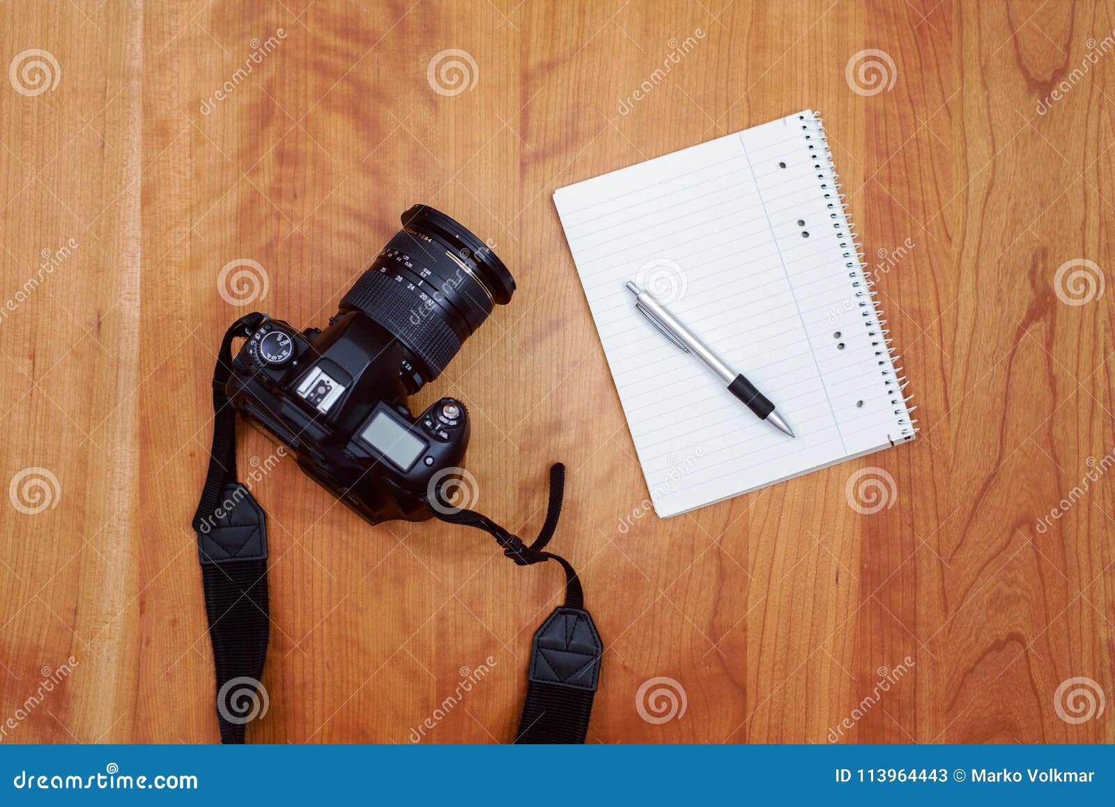 Camera, notepad with pen stock image. Image of scratchpad - 113964443