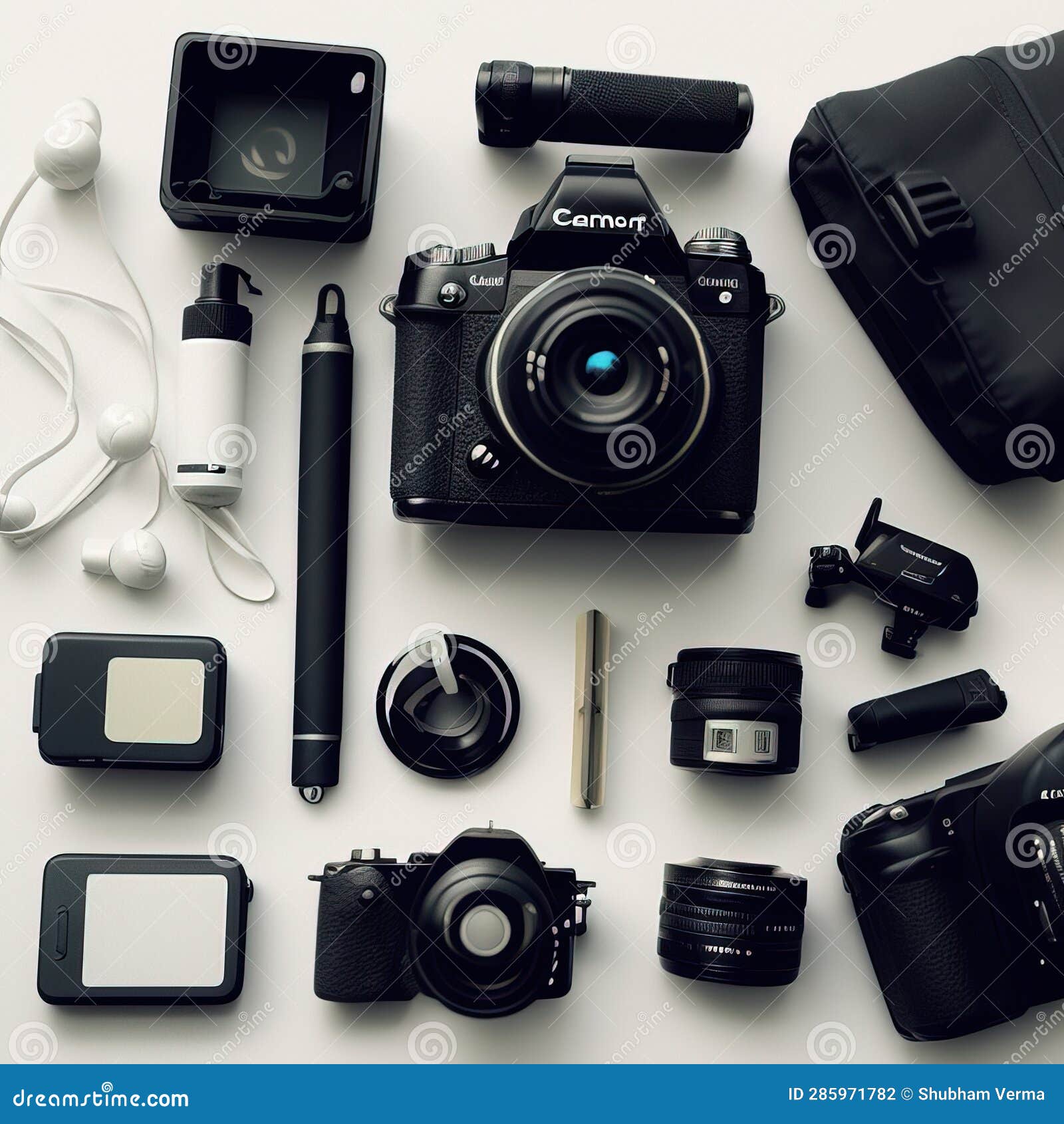 Camera and Photographer Equipment on Black Background Stock Photo ...