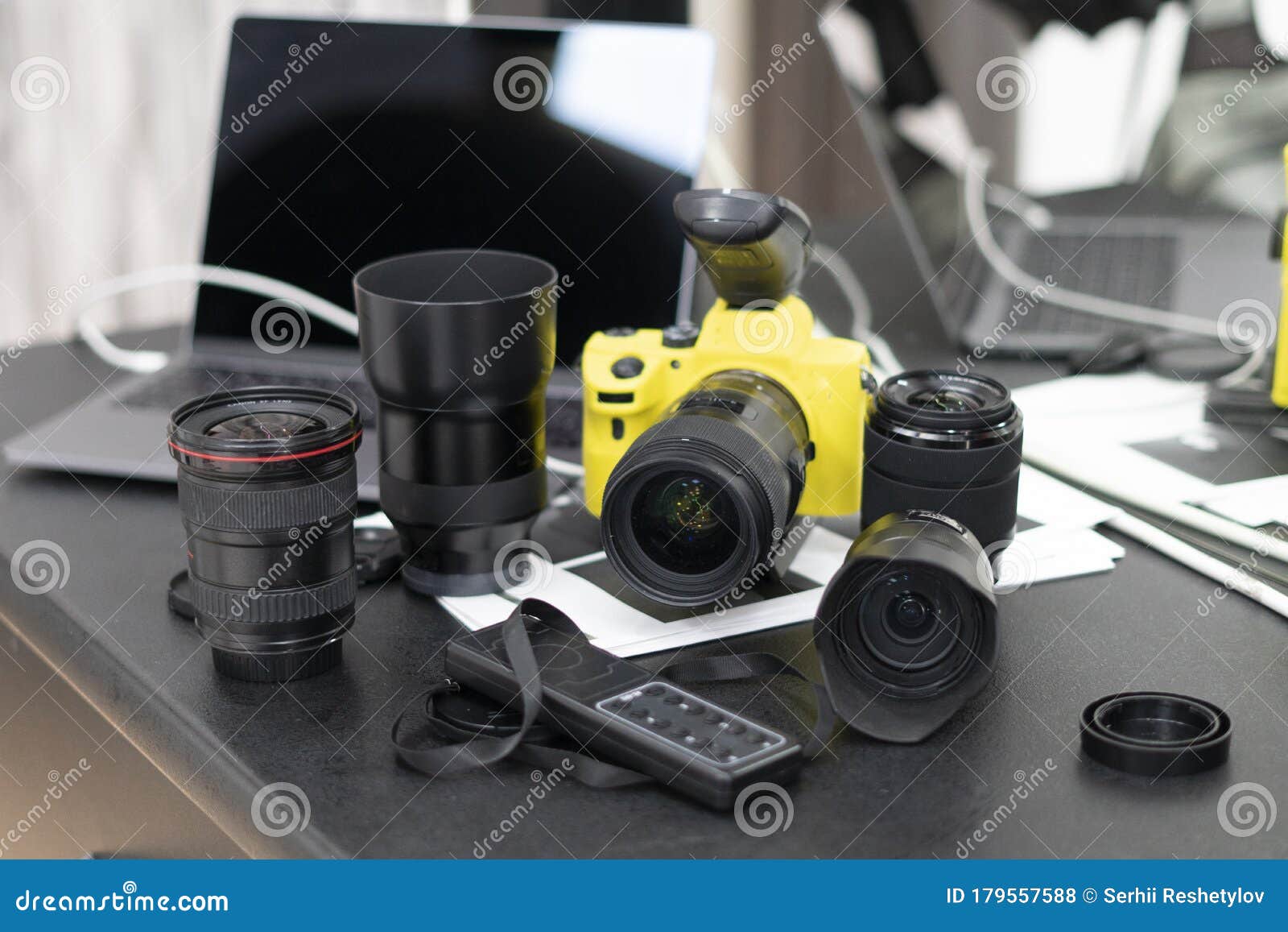 Camera Photography Design Studio Editing Concept. Camera in a Yellow ...