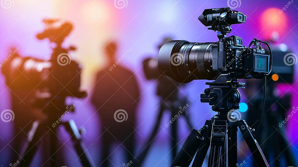 A Camera Positioned in Front of a Stage, with Lights Shining and People ...