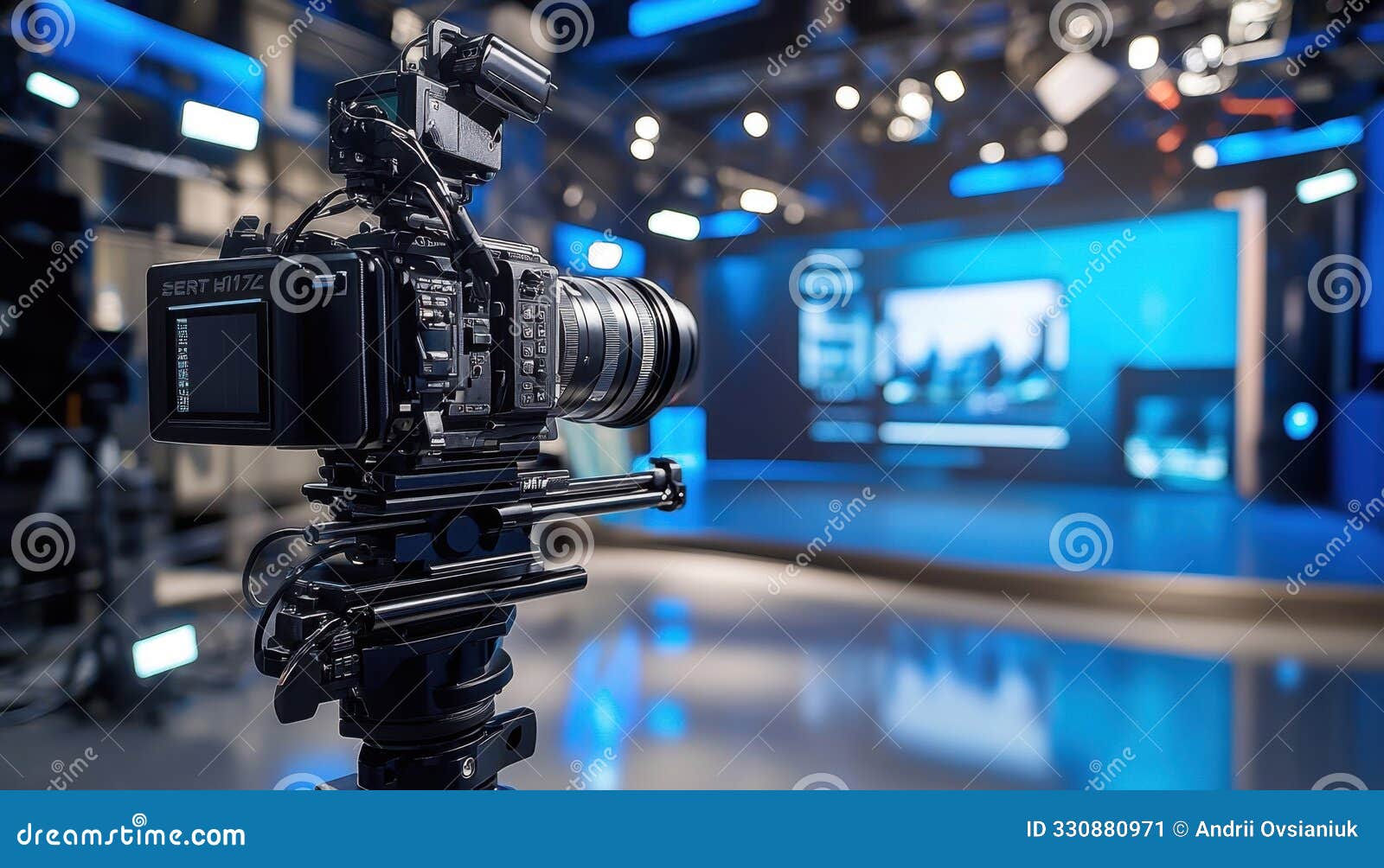 Camera Setup in a Modern Broadcast Studio with Blue Lighting during a ...