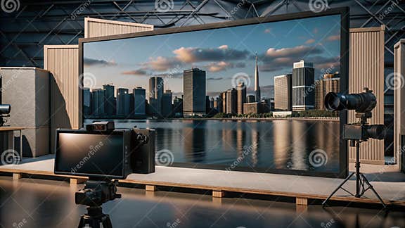 A Camera Setup in a Studio with a Large Screen Displaying a Cityscape ...