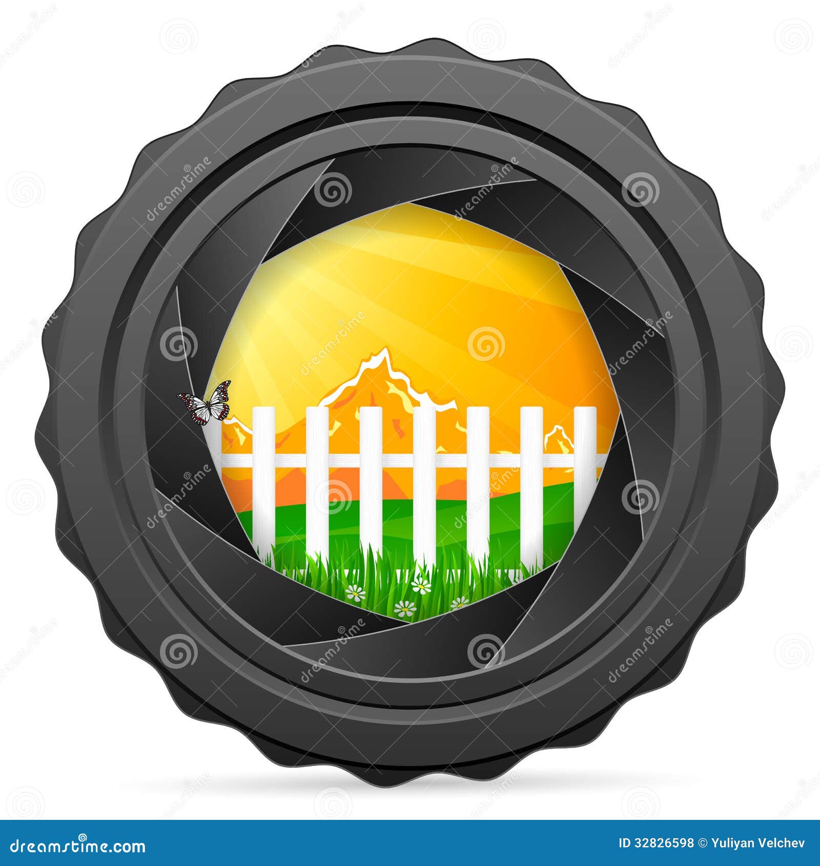 Camera Shutter with Landscape Stock Vector - Illustration of wooden ...