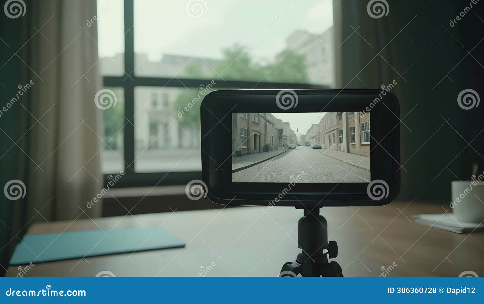 A Camera is Sitting on a Tripod in Front of a Window Stock Illustration ...