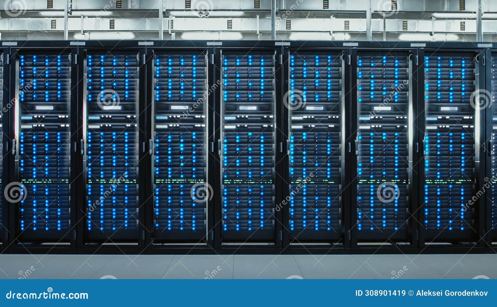 Camera Slide-Trough Shot of a Working Data Center with Rows of Rack ...