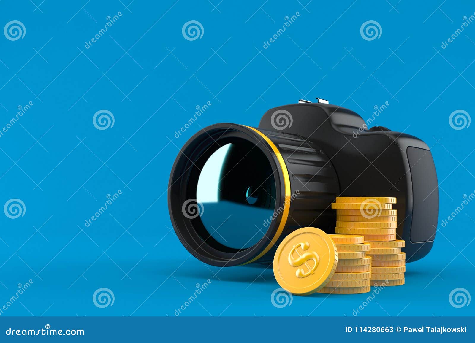 Camera with stack of coins stock illustration. Illustration of dollar ...
