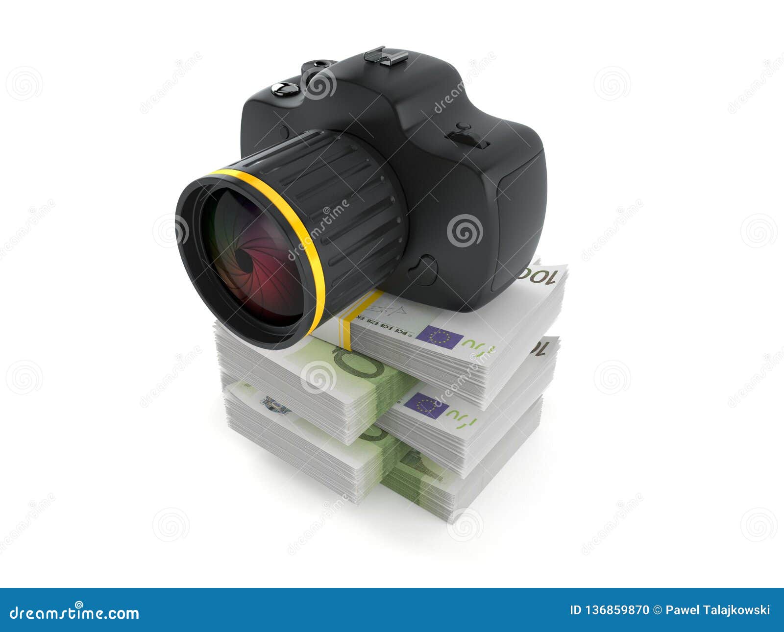 Camera on stack of money stock illustration. Illustration of equipment ...
