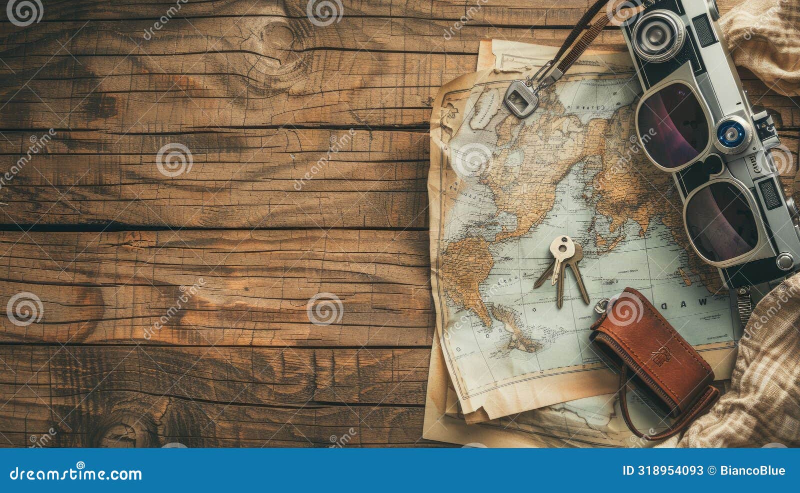 Camera, Sunglasses, Keys, and Map on a Hardwood Table AIG50 Stock Image ...