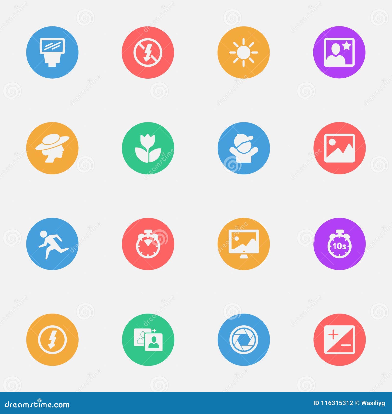 Camera Tools Vector Flat Icons on the Color Substrate Set of 16 Stock ...