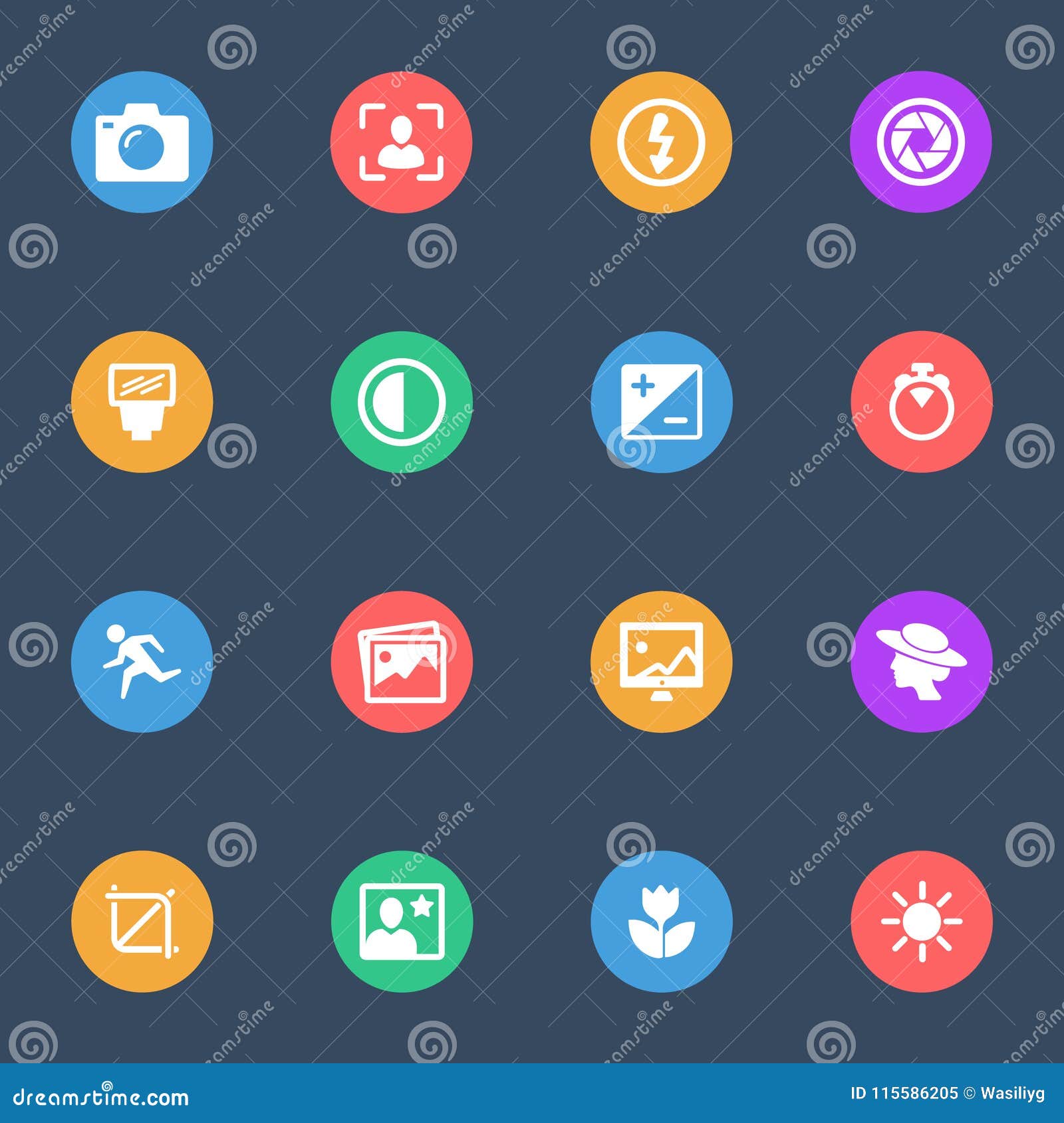 Camera Tools Vector Flat Icons on the Color Substrate Set of 16 Stock ...