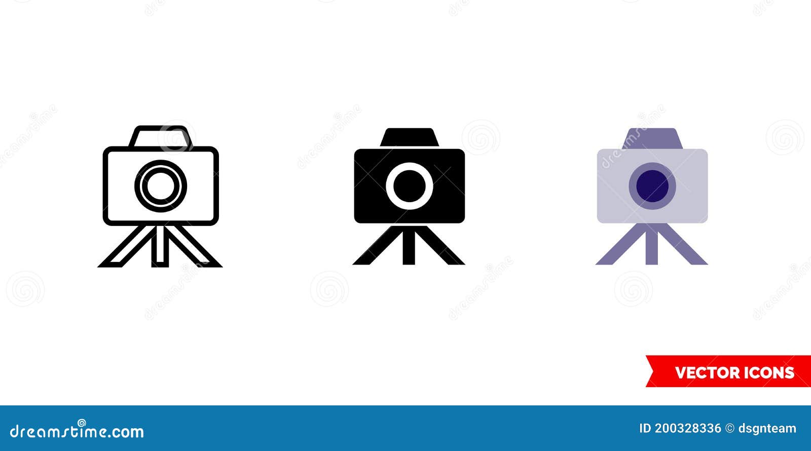 Camera on Tripod Icon of 3 Types Color, Black and White, Outline ...