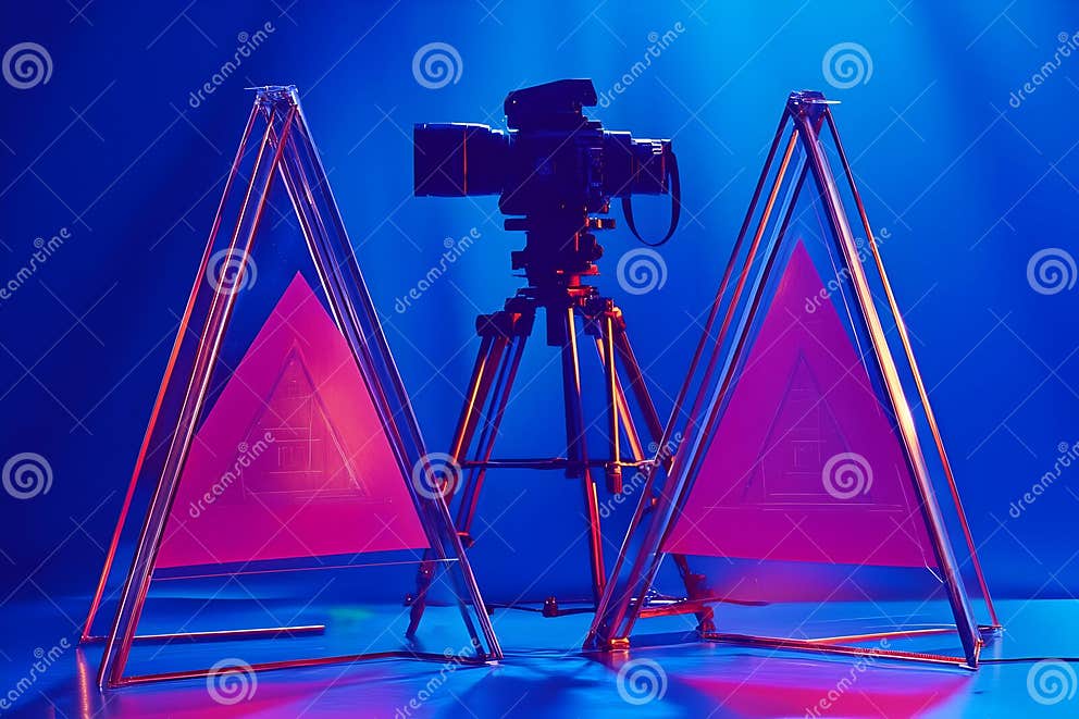Camera on Tripod between Illuminated Triangular Prisms Stock ...