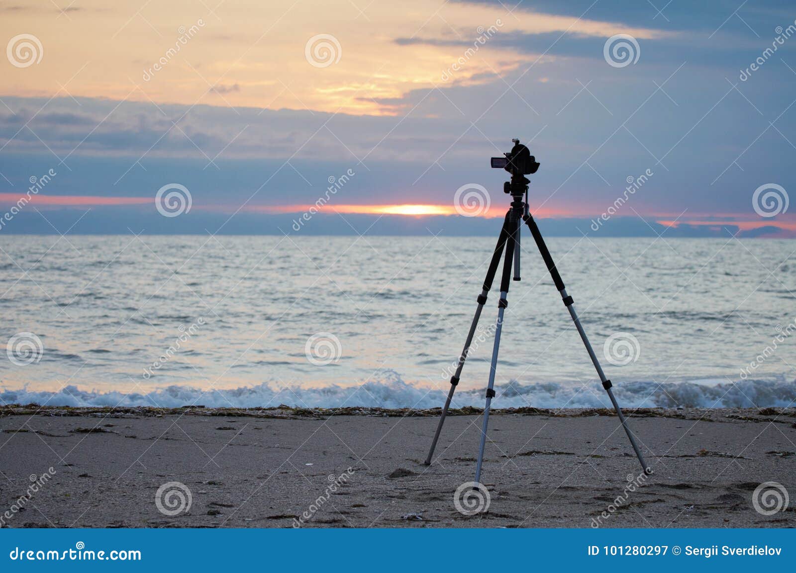 Camera on a Tripod on the Sea Beach Stock Image - Image of silhouette ...