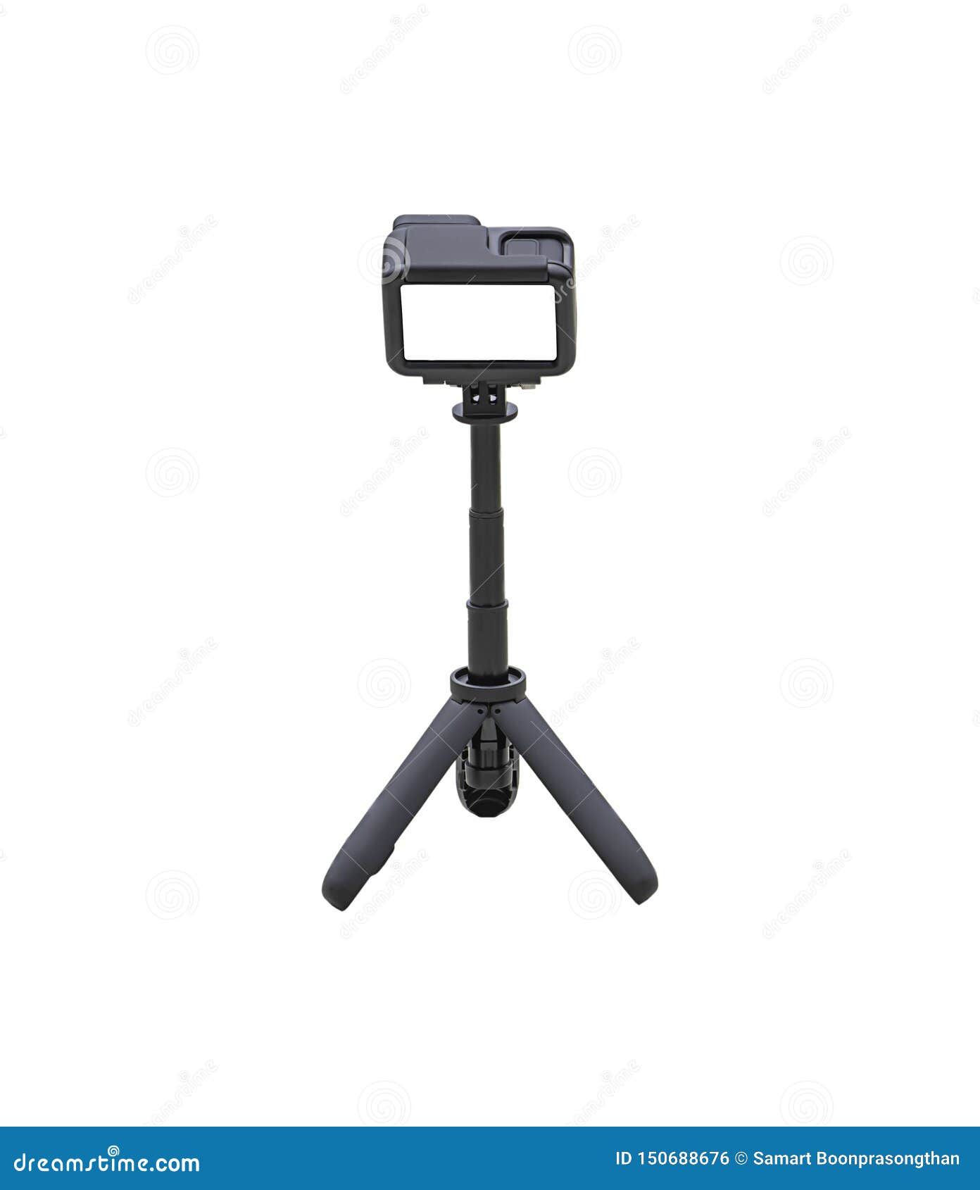 Camera and Video with Small Black Stand on a White Background with ...