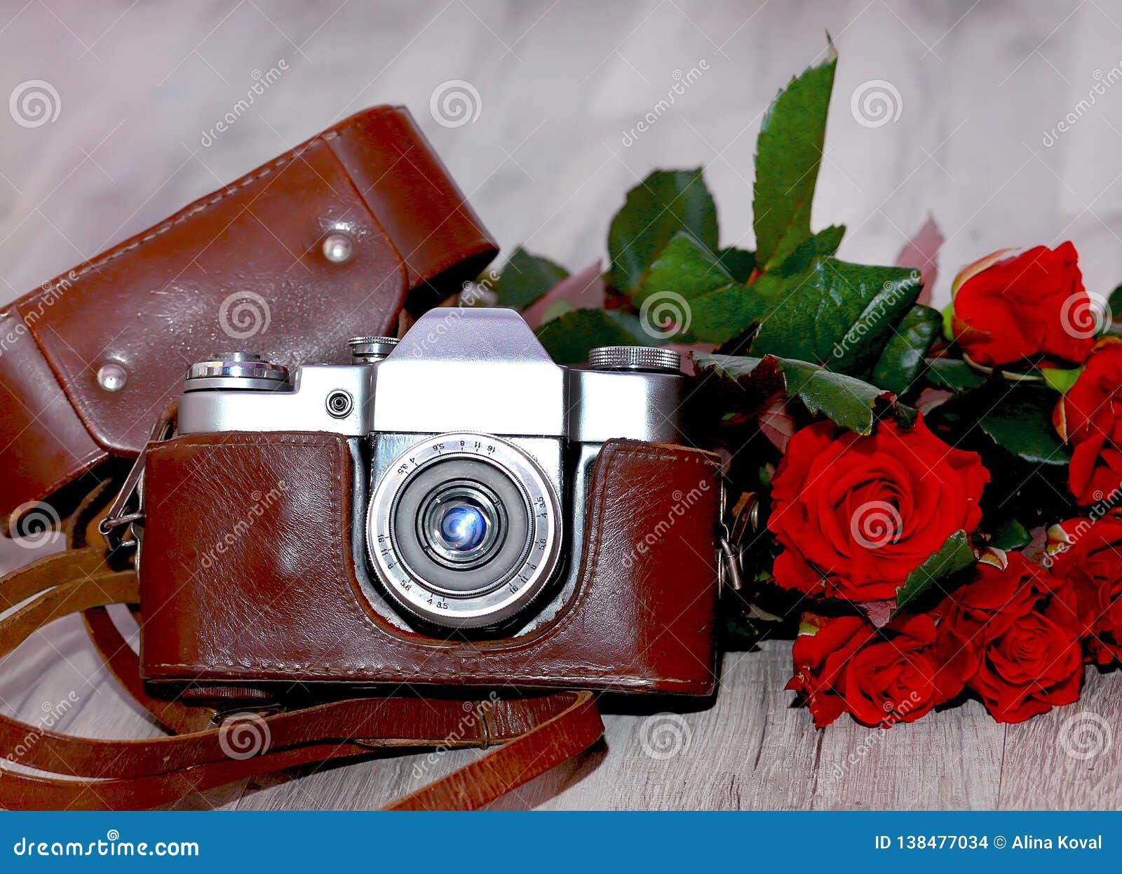 Vintage Camera and Red Roses Stock Photo - Image of lens, petite: 138477034