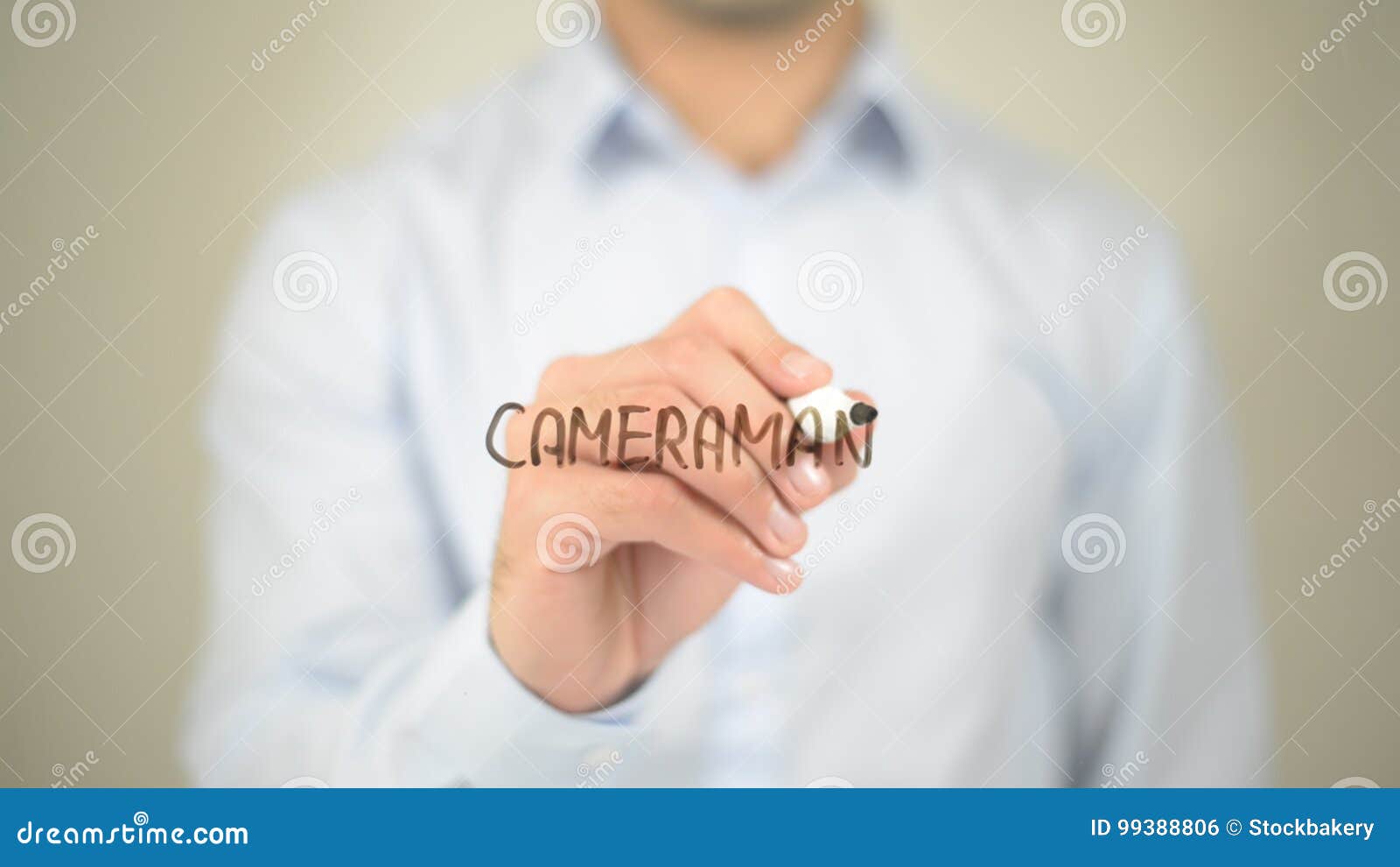 Cameraman, Man Writing on Transparent Screen Stock Photo - Image of ...