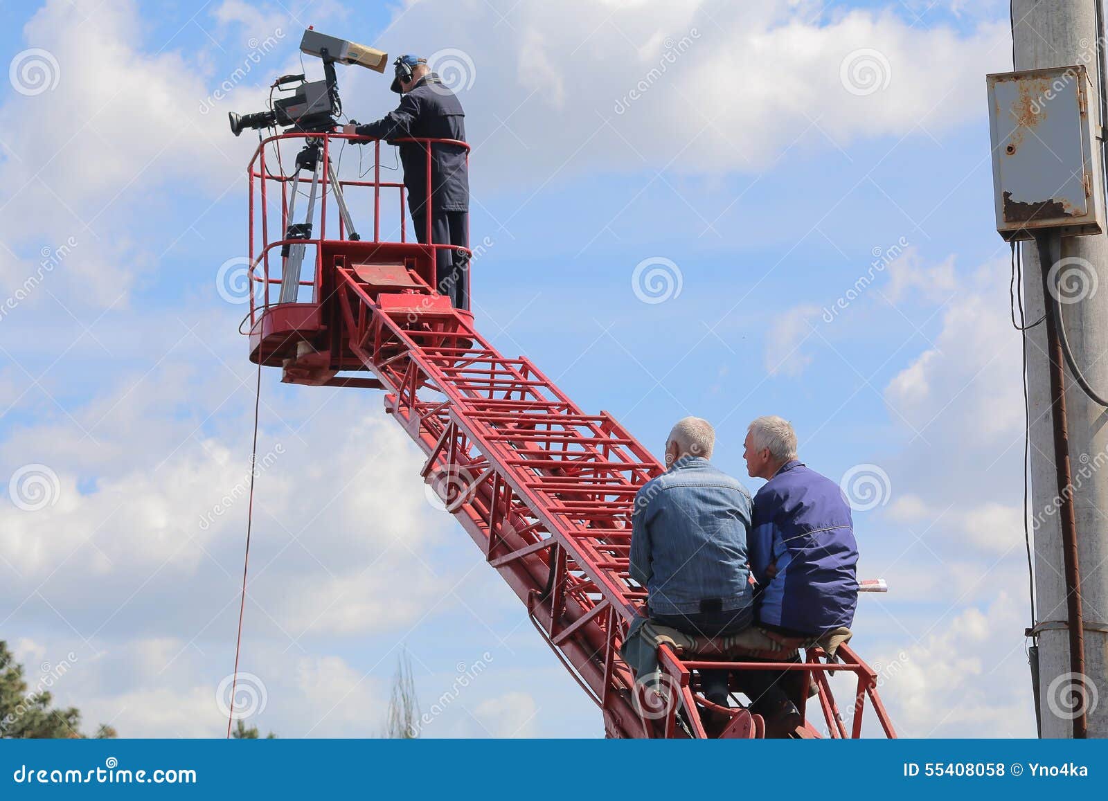 Cameraman on Red Telescopic Lift with Two Worker Editorial Stock Photo ...