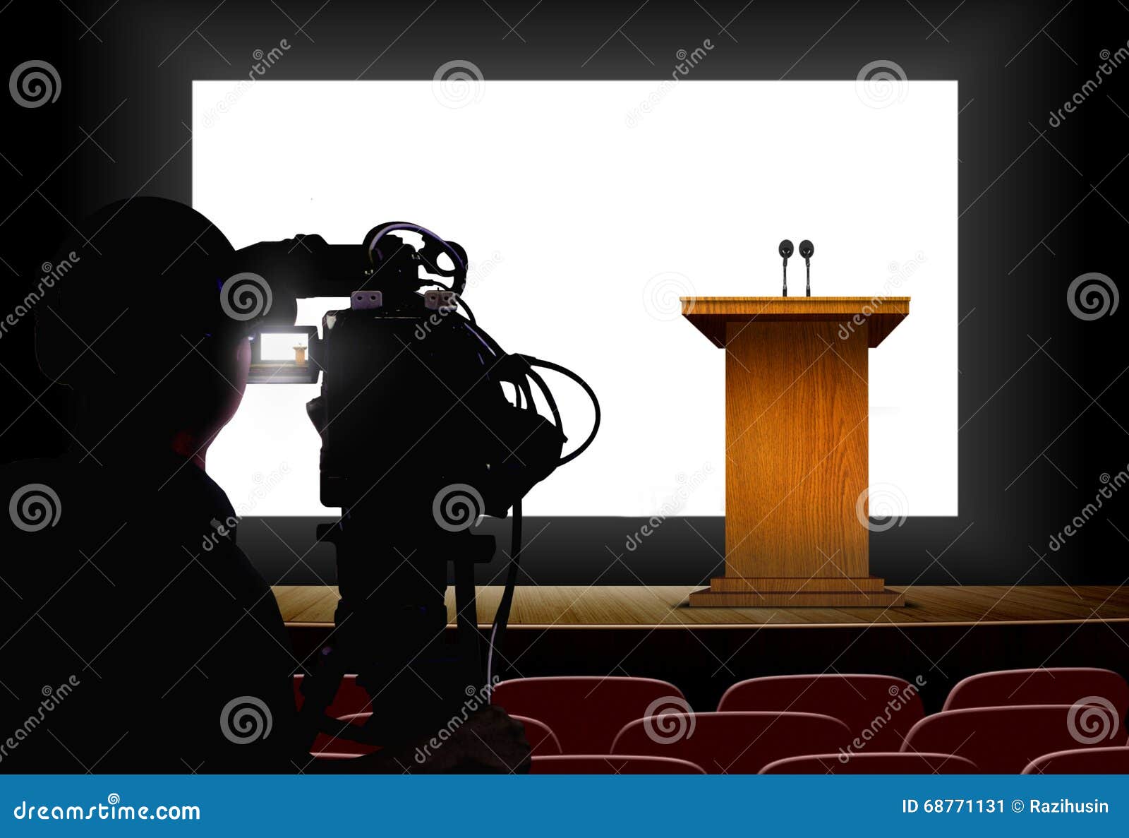Cameraman Shooting a Podium with Blank Screen Stock Illustration ...