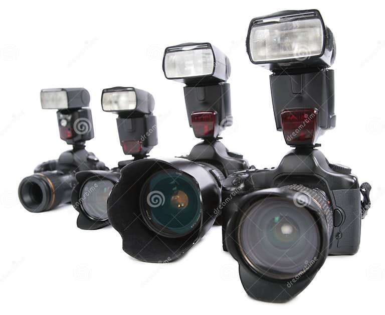 Cameras with Flashes on White Background in a Row Stock Photo - Image ...