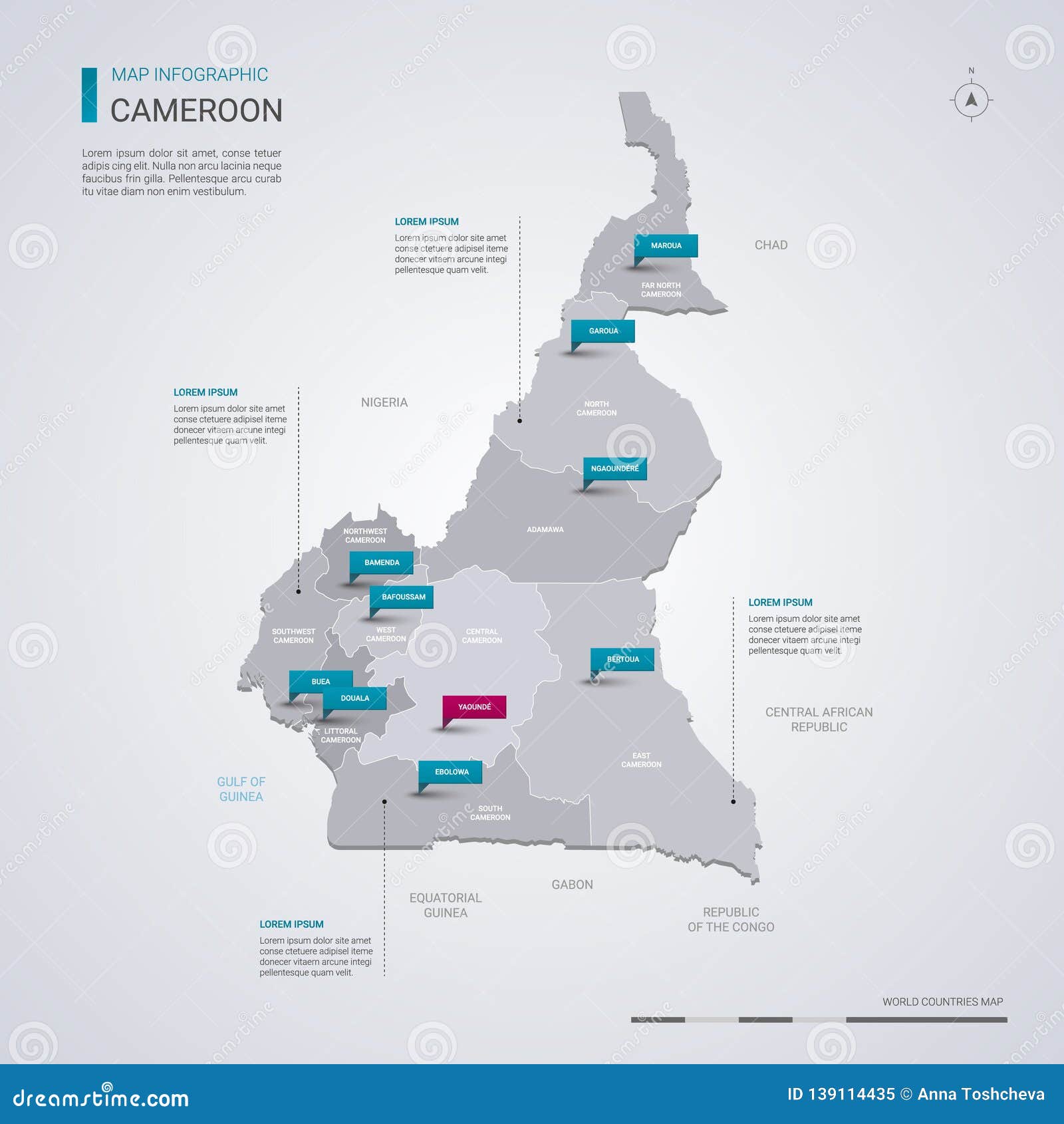 Cameroon Vector Map with Infographic Elements, Pointer Marks Stock ...