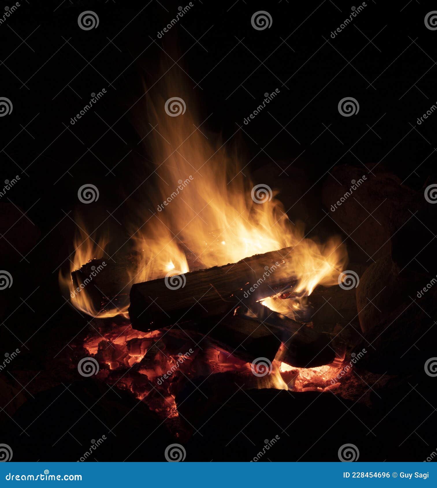 Camfire with Rock Ring at Night Stock Photo - Image of embers, coals ...