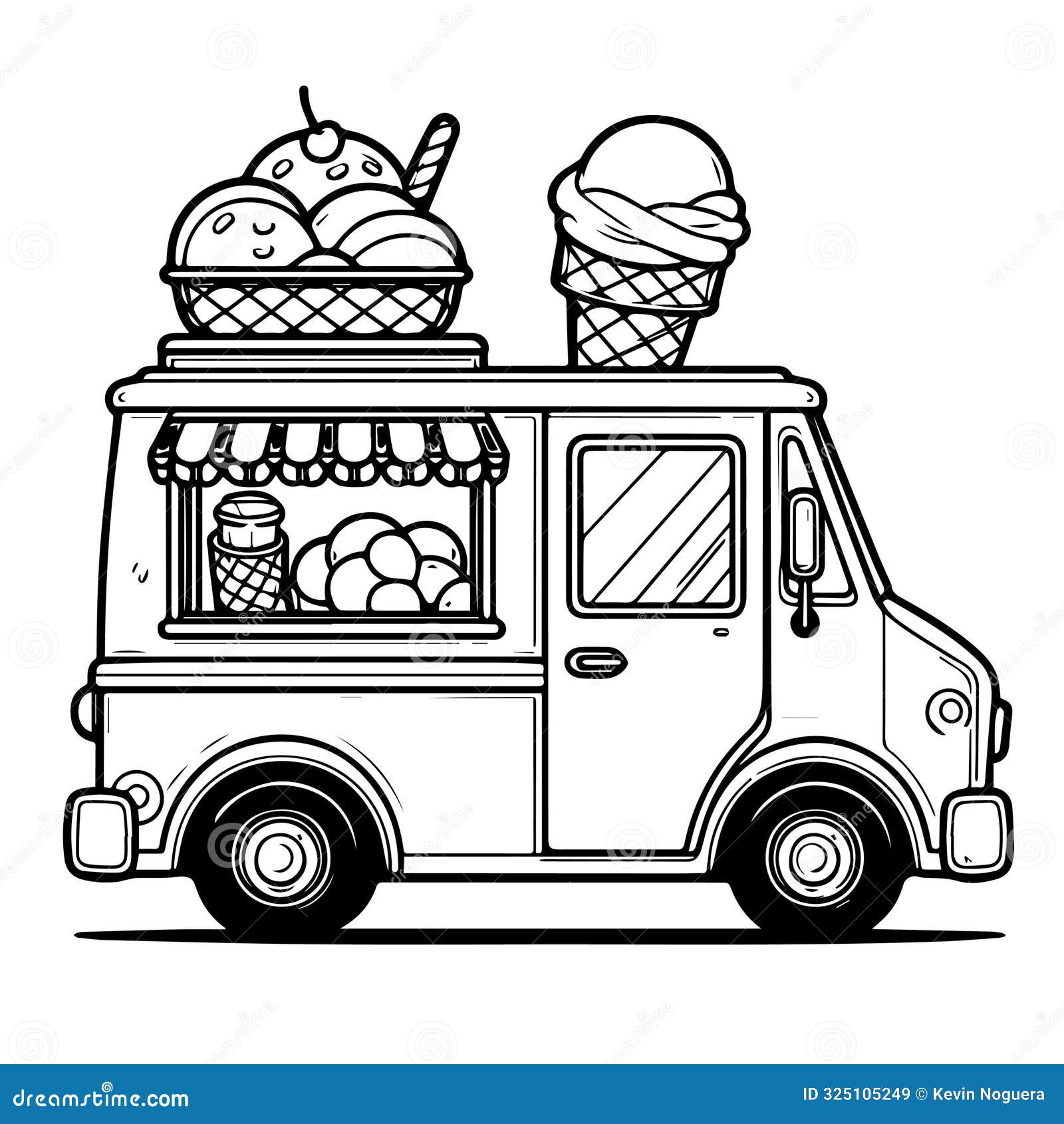 Vector Drawing of an Ice Cream Truck in Black and White Stock Vector ...