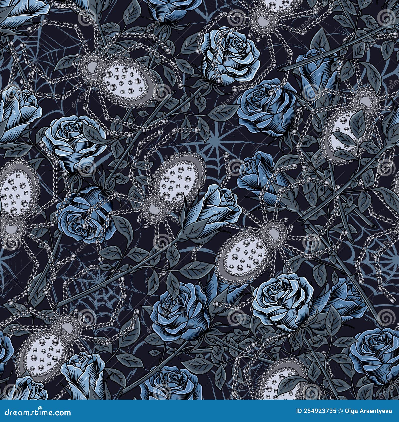 Camouflage Pattern with Blue Roses, Spiders Made of Silver Metallic ...