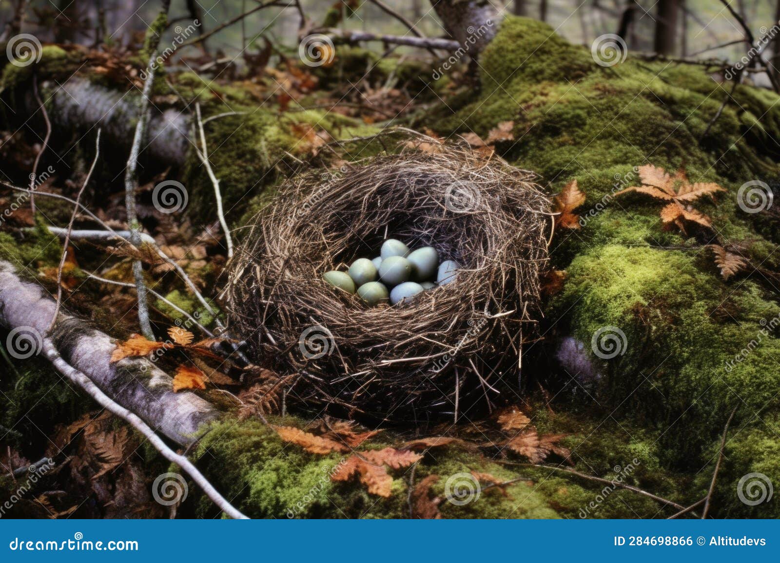 A Camouflaged Nest of a Rare Bird with Eggs on the Forest Floor Stock ...