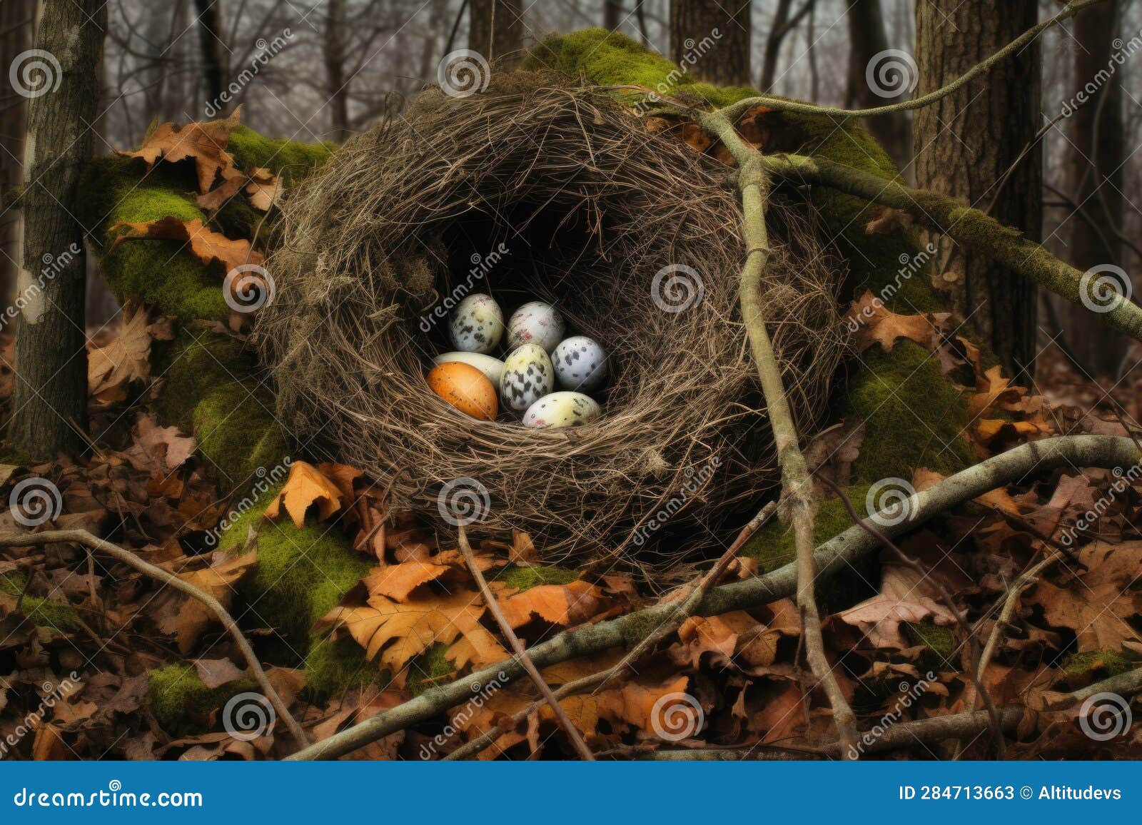 A Camouflaged Nest of a Rare Bird with Eggs on the Forest Floor Stock ...