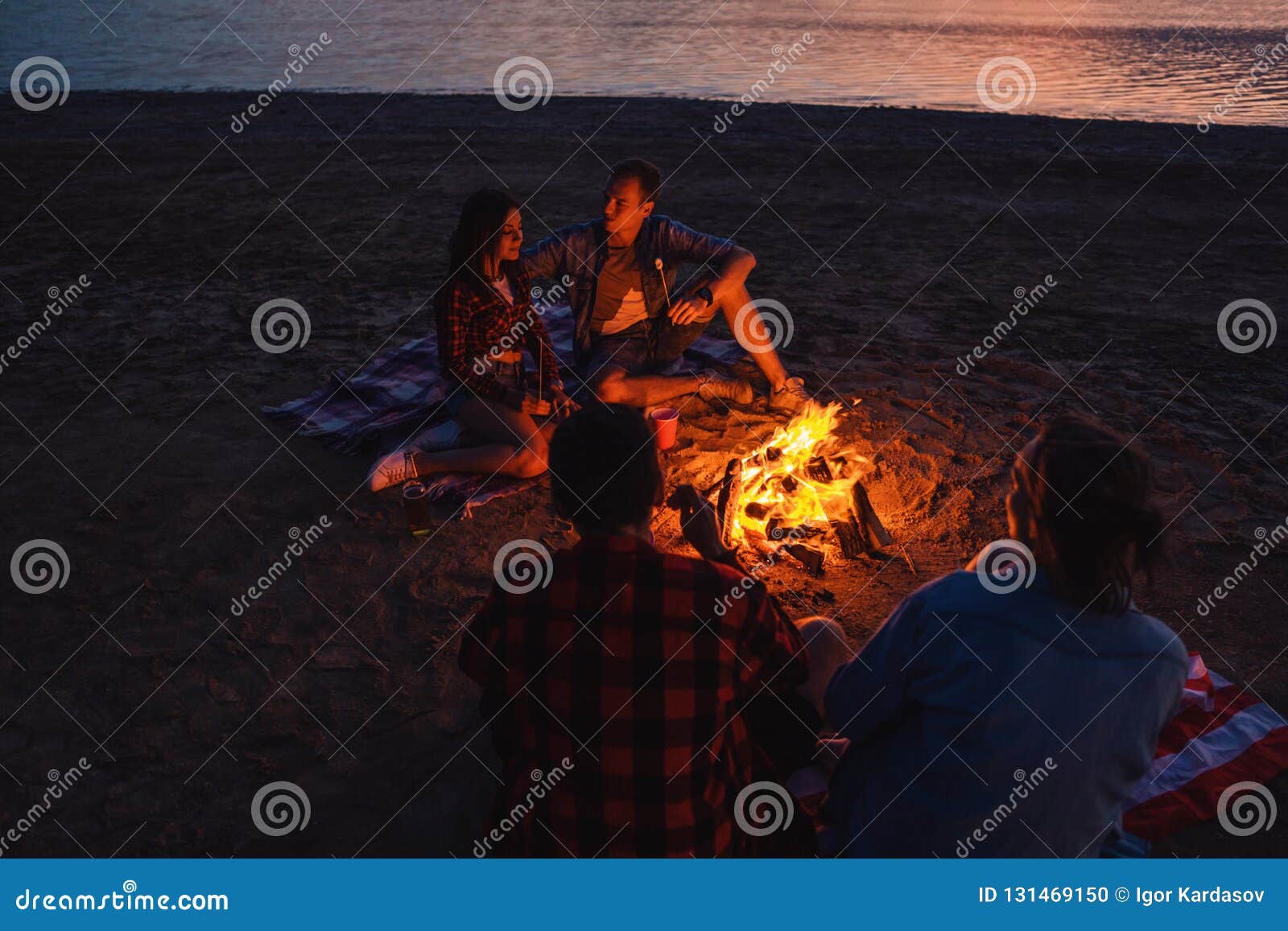 Young Friends Have Picnic with Bonfire on the Beach Stock Photo - Image ...