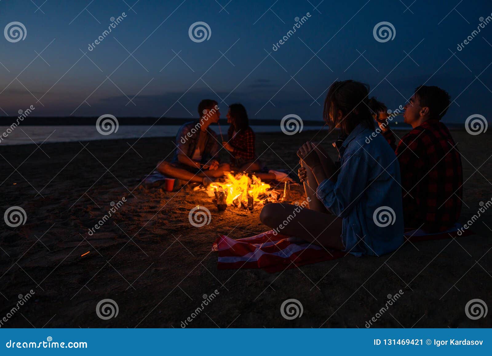 Young Friends Have Picnic with Bonfire on the Beach Stock Image - Image ...