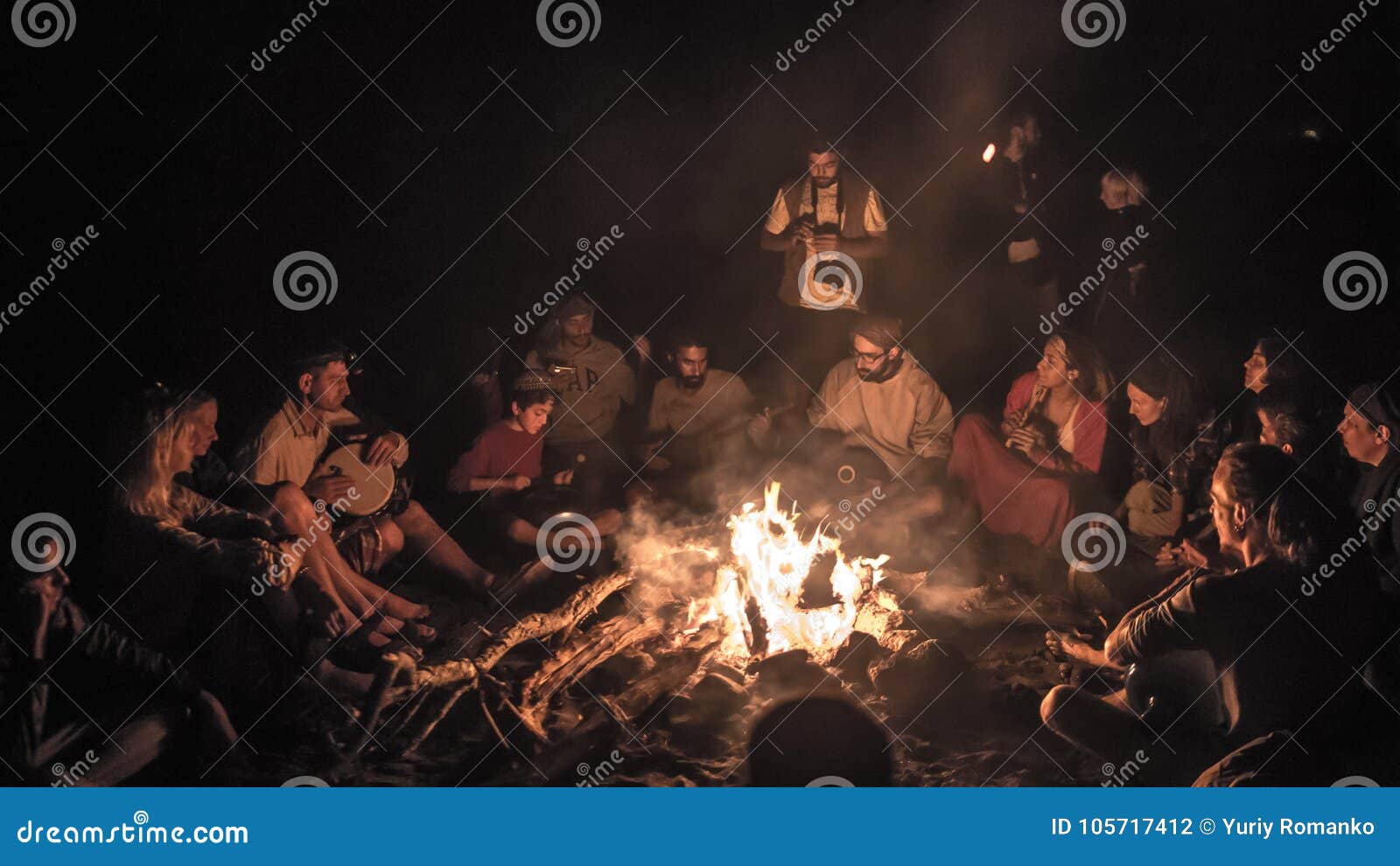 Camp with Campfire and People in the Wild Desert Night Editorial ...