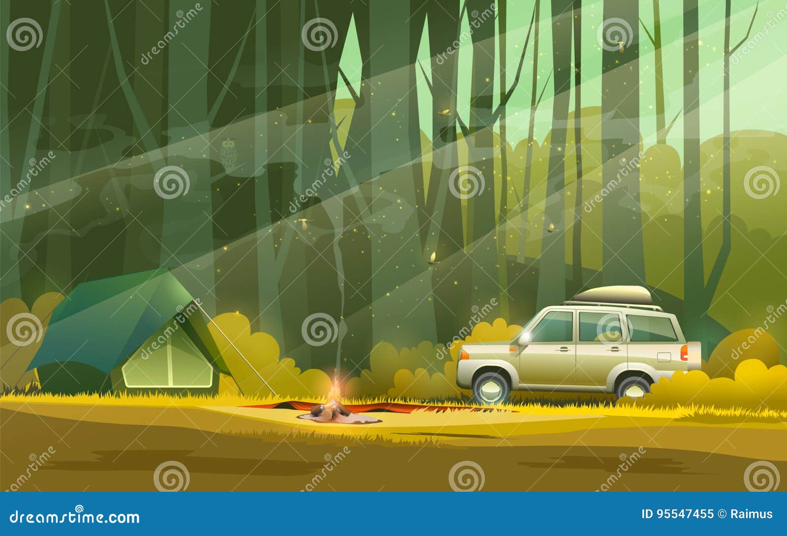 Camp and car in forest stock illustration. Illustration of rural - 95547455
